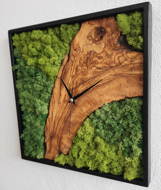Olive Wood and Moss Wall Clock Square - Custom Home Art