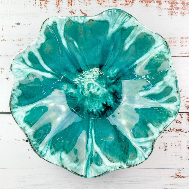 Unique handmade ceramic art Wavy platter "Turquoise Love" - Custom Home Art